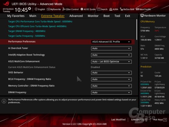 Asus-BIOS-Settings: die „Default Settings“ für Intel Core i9 „K ...